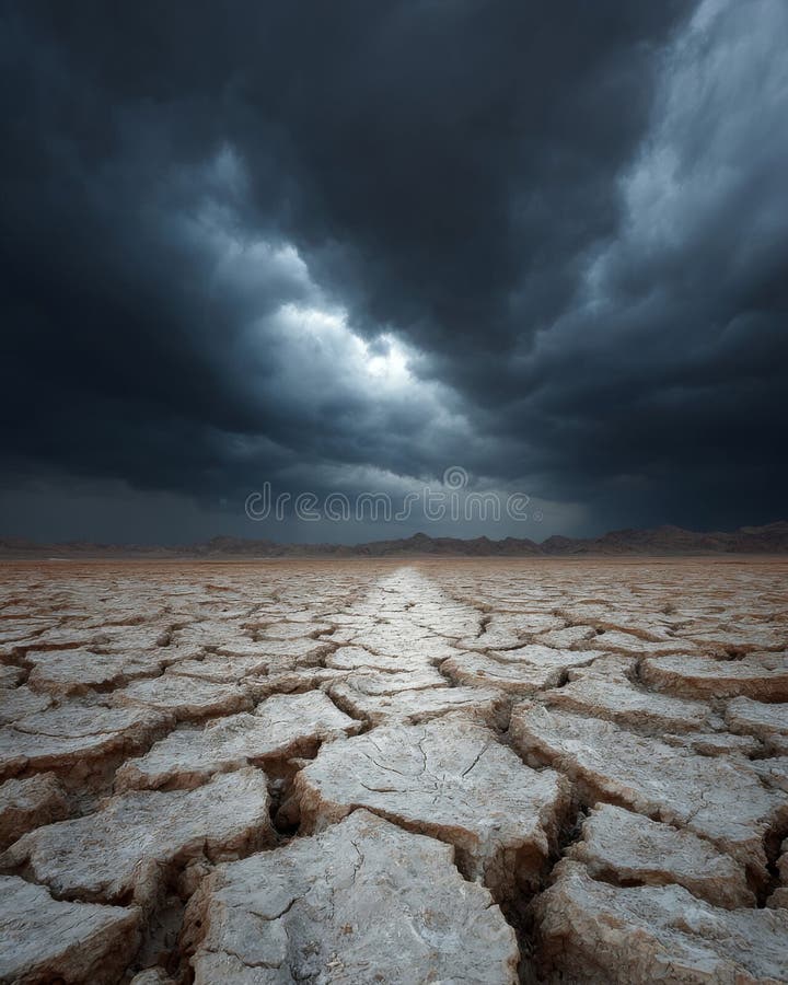 Dramatic Desert Landscape with Cracked Earth and Storm Clouds Stock ...