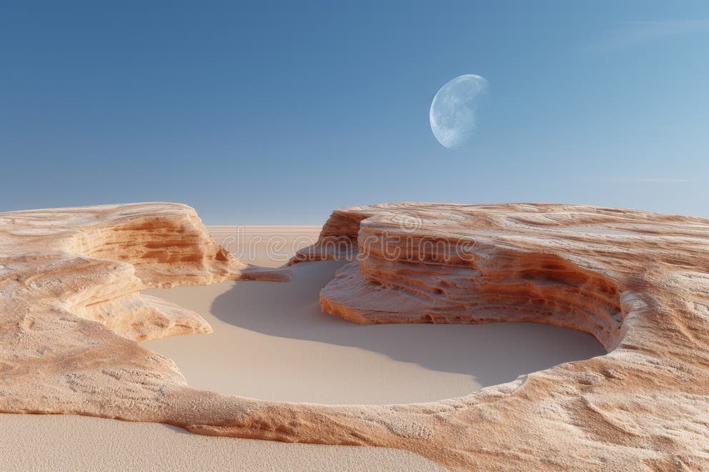 Dramatic Desert Landscape with Crescent Moon Stock Illustration ...