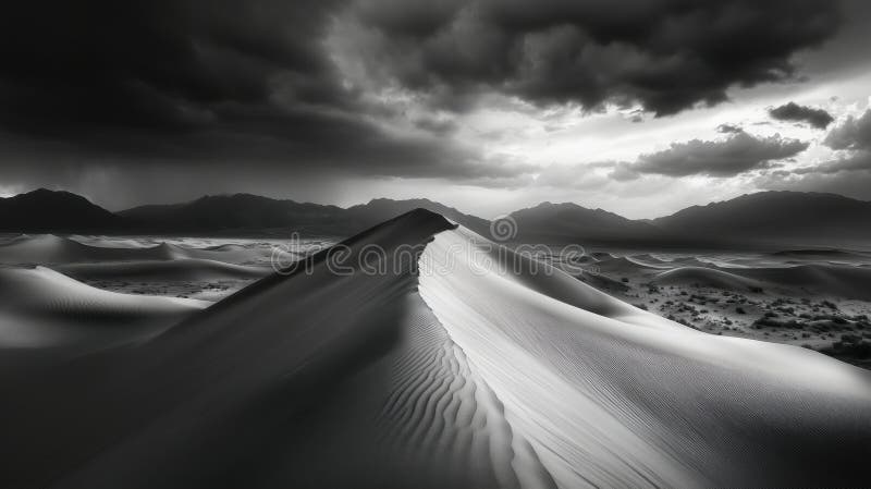Dramatic Desert Landscape, Dark Clouds, Sand Dunes, Mountain Backdrop ...
