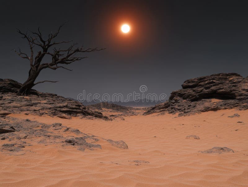 Dramatic Desert Landscape with Dead Tree Under Orange Moon Stock ...