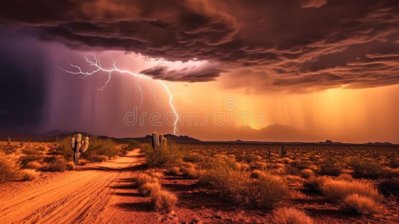 Dramatic Desert Landscape Featuring a Beautiful Dusk Sky with Lightning ...
