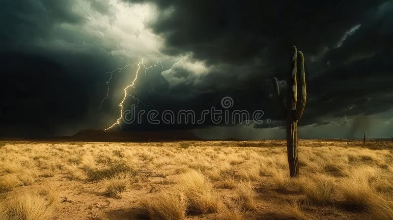 Dramatic Desert Landscape with Lightning and Dark Clouds Stock Image ...
