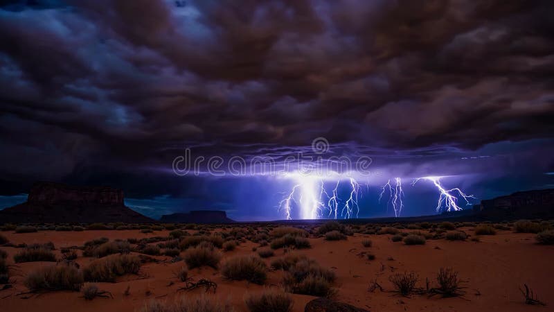 Dramatic Desert Landscape with Lightning and Stormy Sky at Night ...
