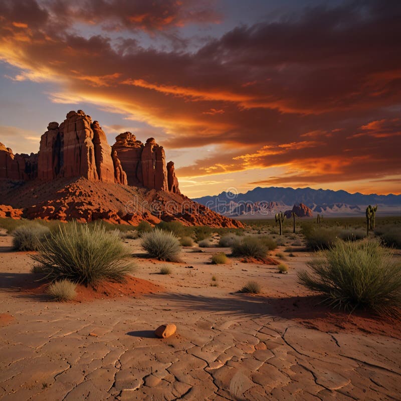 A Dramatic Desert Landscape with Red Rock Stock Illustration ...