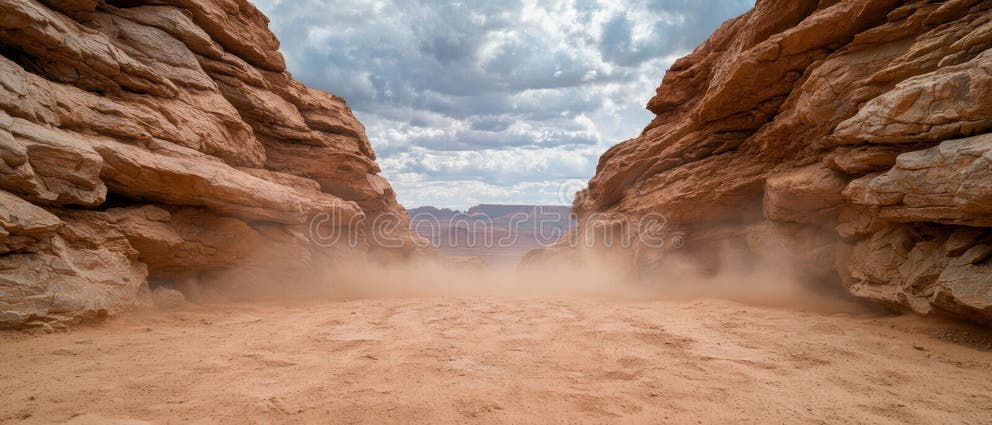 Dramatic Desert Landscape with Rocky Cliffs and Dusty Path Stock ...