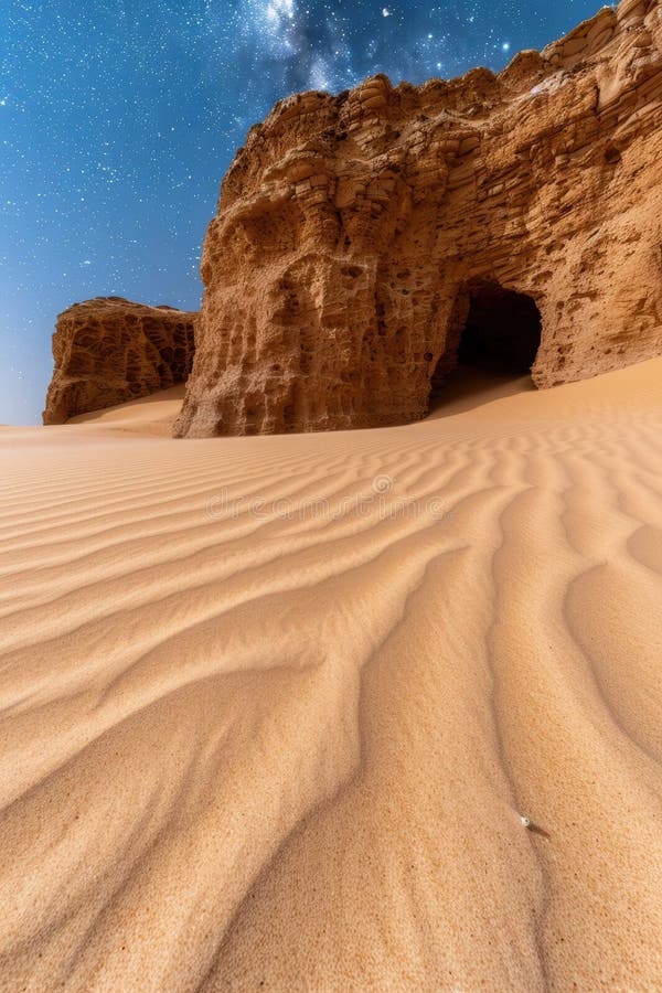 Dramatic Desert Landscape with Rocky Cliffs and Sand Dunes Under Starry ...