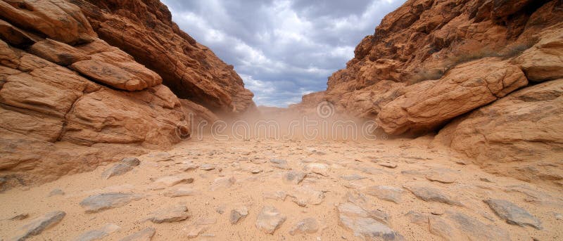 Dramatic Desert Landscape with Rocky Cliffs and Sandstorm Stock ...