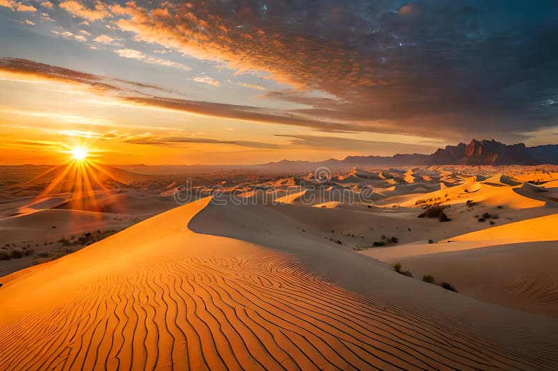 A Dramatic Desert Landscape with Rolling Sand Dunes Under a Blazing ...