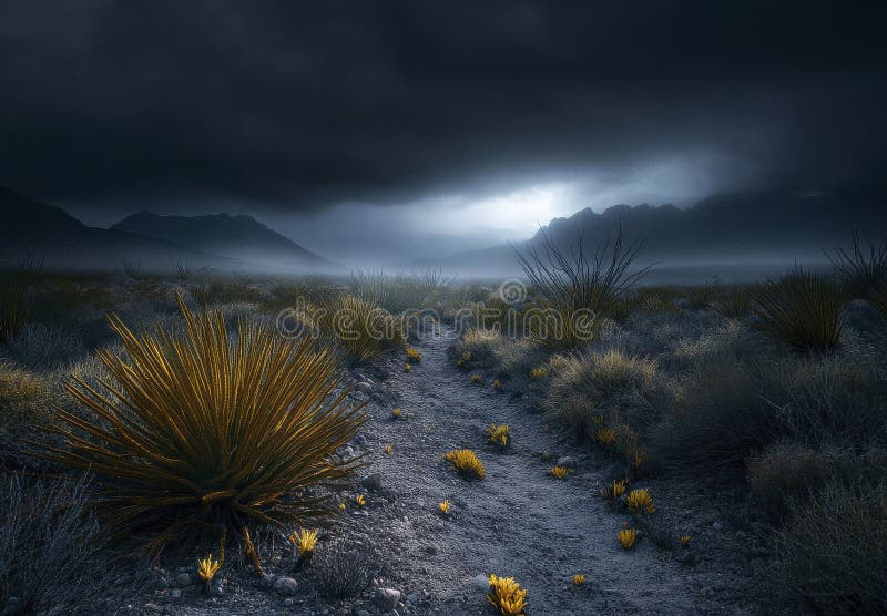 Dramatic Desert Landscape with Storm Clouds and Path Stock Illustration ...