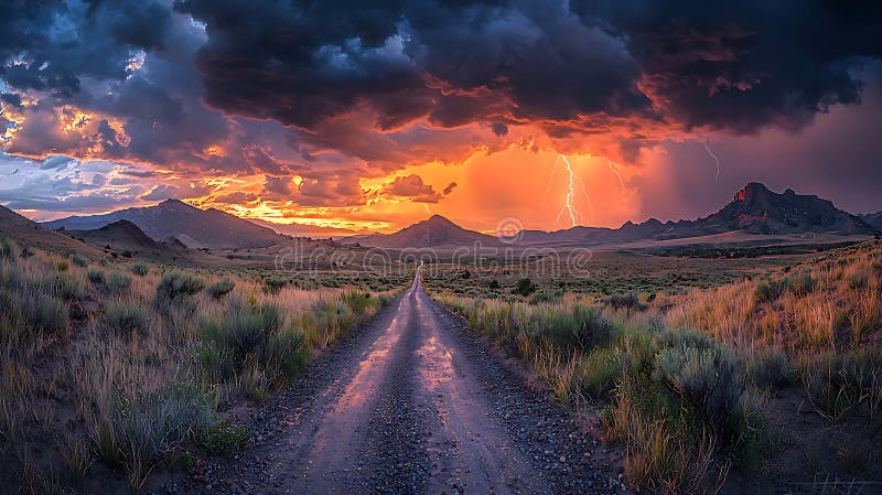 Dramatic Desert Landscape with Stormy Sky and Lightning Stock ...