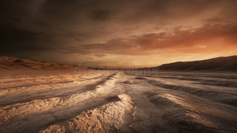 Dramatic Desert Landscape at Sunset with Textured Sandy Terrain and ...