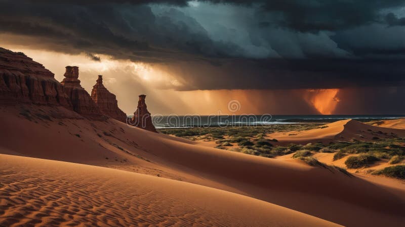 Dramatic Desert Landscape with Stormy Sky and Sandstone Formations ...
