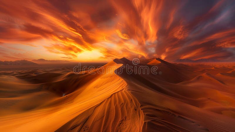 A Dramatic Desert Landscape with Towering Sand Dunes Under a Fiery ...