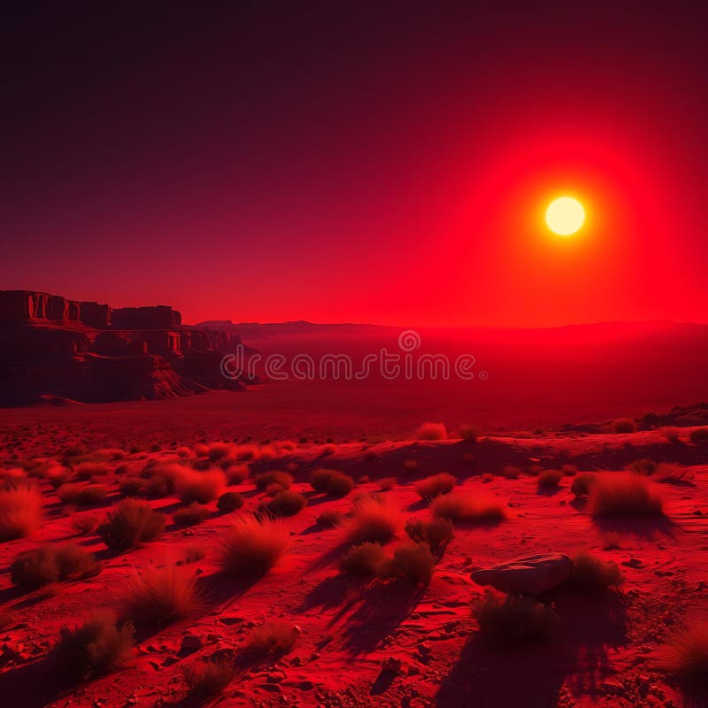 A Dramatic Desert Mesa Glowing Red Under the Bright Light of a Setting ...