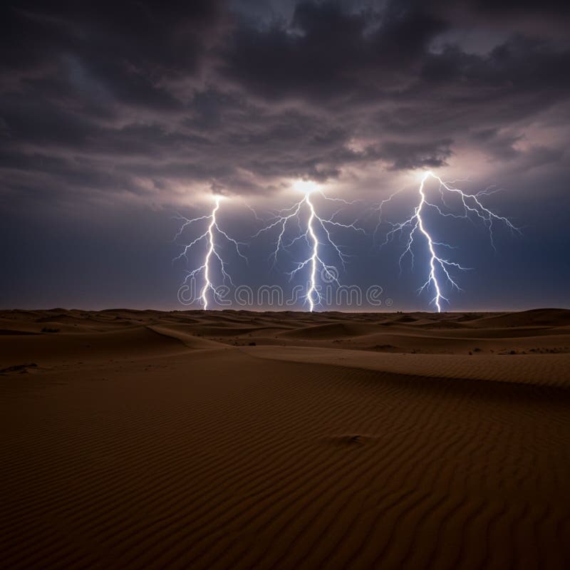 A Dramatic Desert Scene with Dark, Cloudy Skies and Three Prominent ...