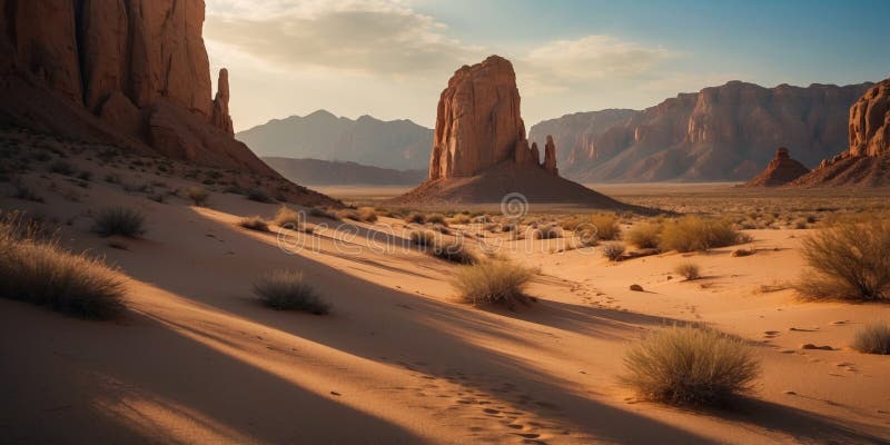 A Dramatic Desert Scene with Towering Rock Spires and Deep Shadows ...