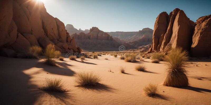 A Dramatic Desert Scene with Towering Rock Spires and Deep Shadows ...