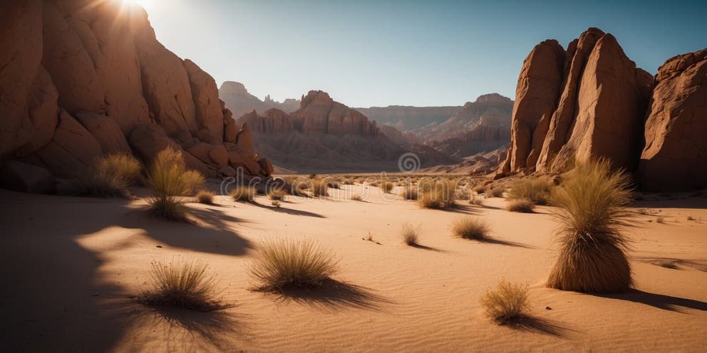 A Dramatic Desert Scene with Towering Rock Spires and Deep Shadows ...