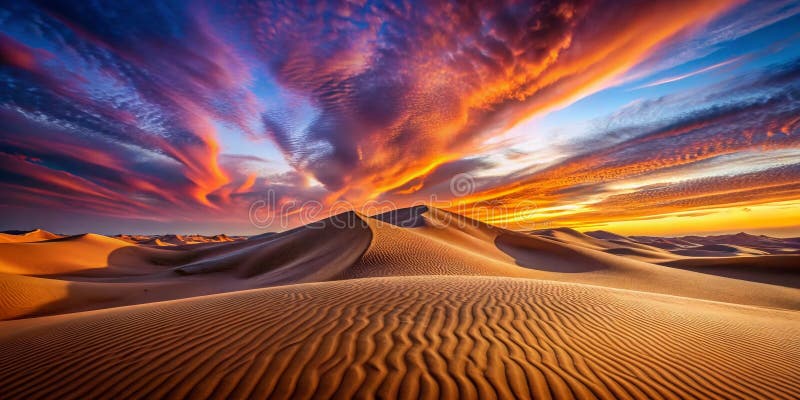 Dramatic Desert Sunset with Fiery Sky and Rolling Dunes. Generative AI ...