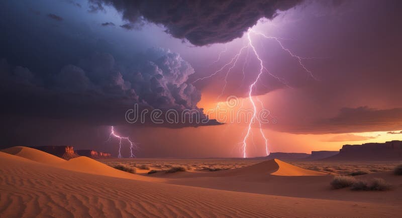 Dramatic Desert Sunset with Lightning Storm Stock Image - Image of ...