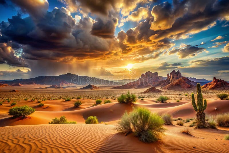 Dramatic Desert Sunset with Sand Dunes, Cacti, and Mountains Stock ...