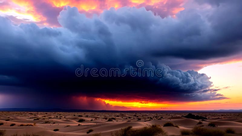 Dramatic Desert Sunset with Storm Clouds and Golden Light Over Sand ...