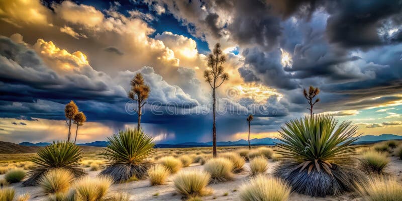 Dramatic Desert Sunset with Towering Plants Under a Stormy Sky ...