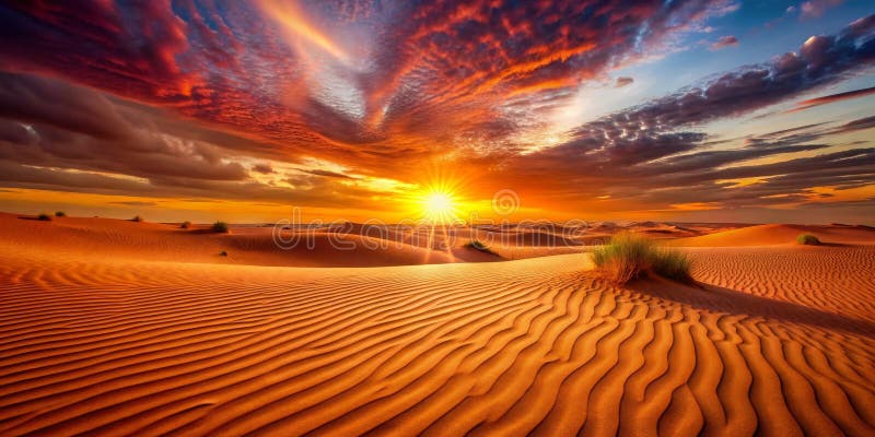 Dramatic Desert Sunset with Vibrant Sky and Sand Dunes. Generative AI ...