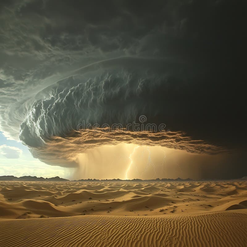 A Dramatic Thunderstorm Rolls Over Desert Dunes. Stock Illustration ...