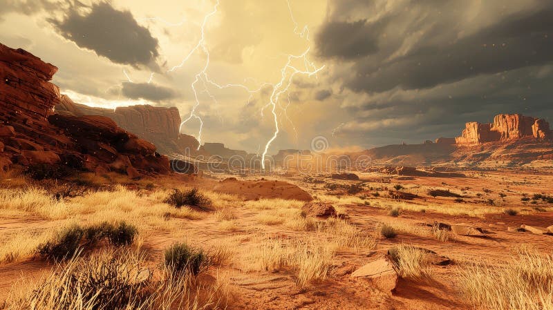 Dramatic Desert Thunderstorm with Lightning Strikes Over Rugged Canyon ...