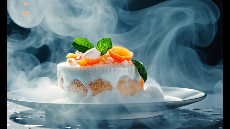Dramatic Dessert with Smoke and Colorful Toppings on a Plate Stock ...