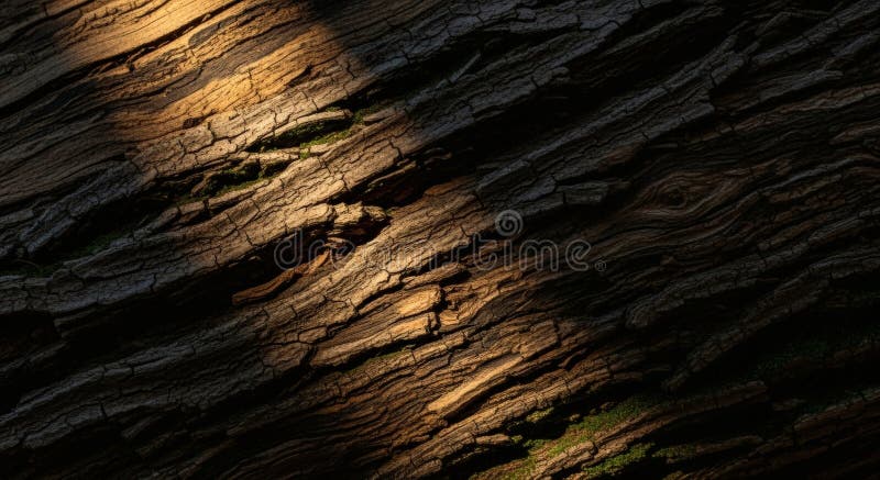 Dramatic Diagonal Sunlight Beam Illuminates Rough Textured Tree Bark ...