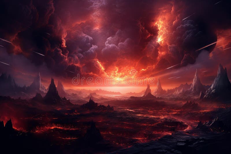 Apocalyptic Landscape with Fiery Sky and Meteor Showers Stock Photo ...