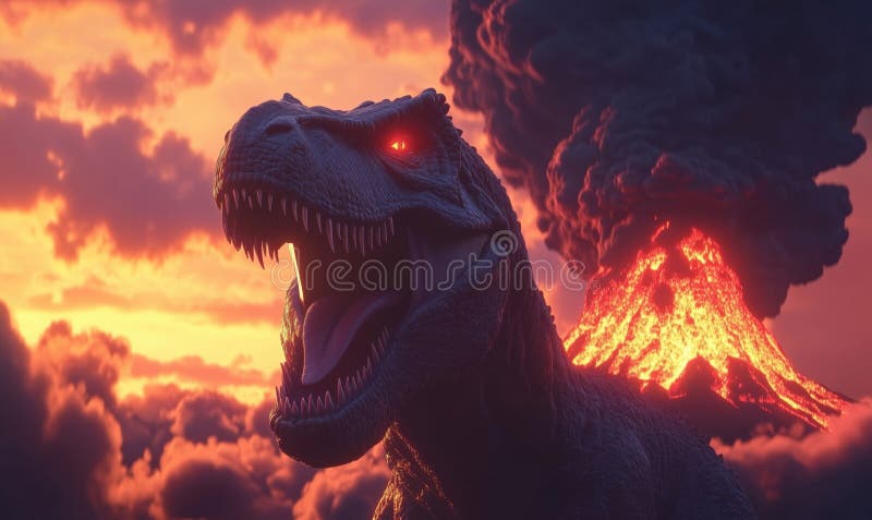 Dramatic Dinosaur Scene Featuring a Roaring T-Rex Against a Volcanic ...