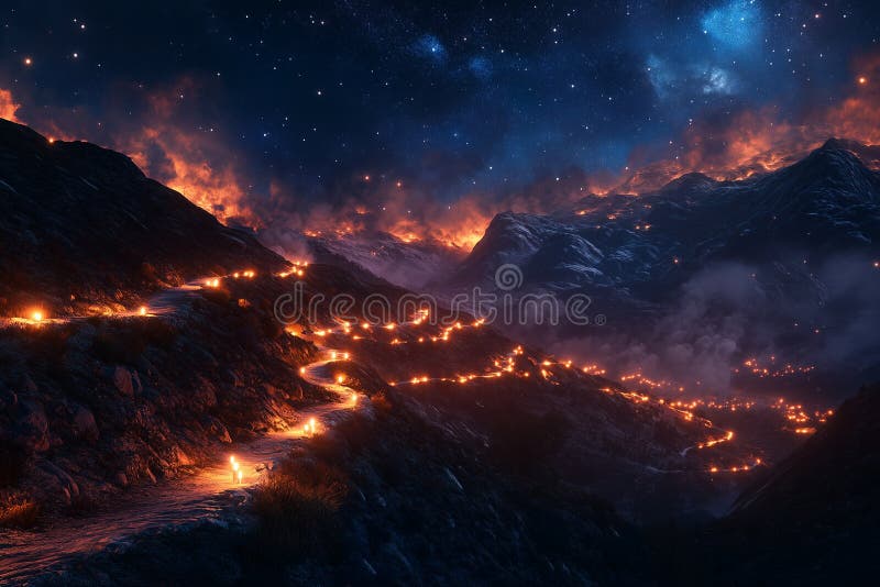 Dramatic Display of Glowing Flares Illuminating Winding Path through ...