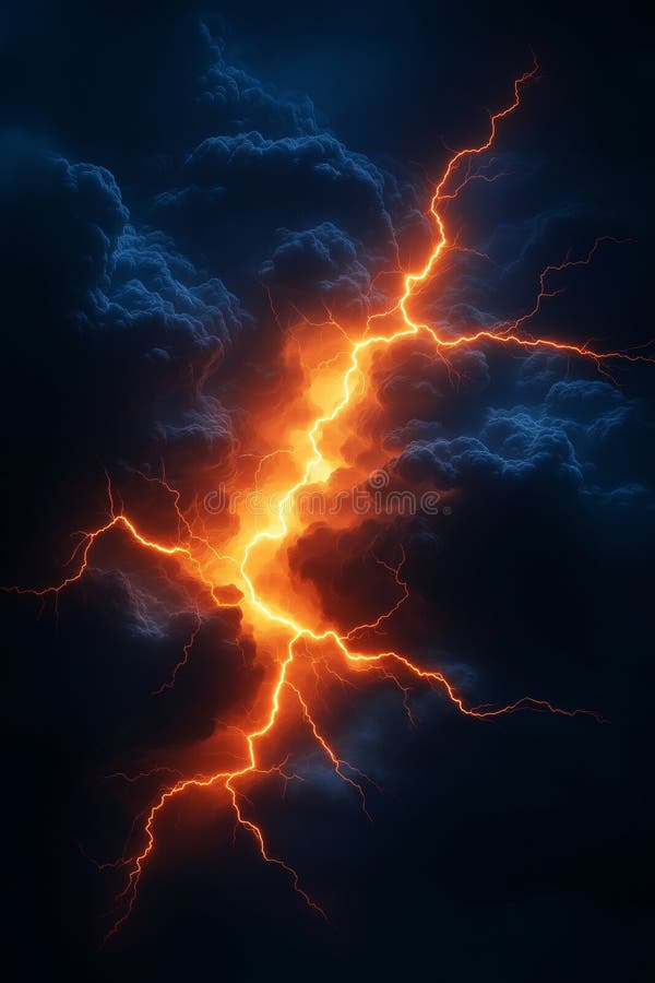 Dramatic Display of Glowing Neon Lightning Striking through Dark Clouds ...