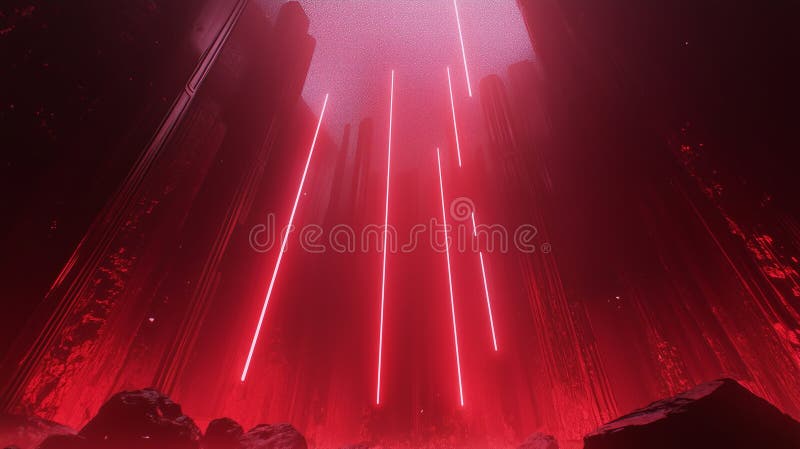 A Dramatic Display of Red Light Rays with Floating Particles Stock ...