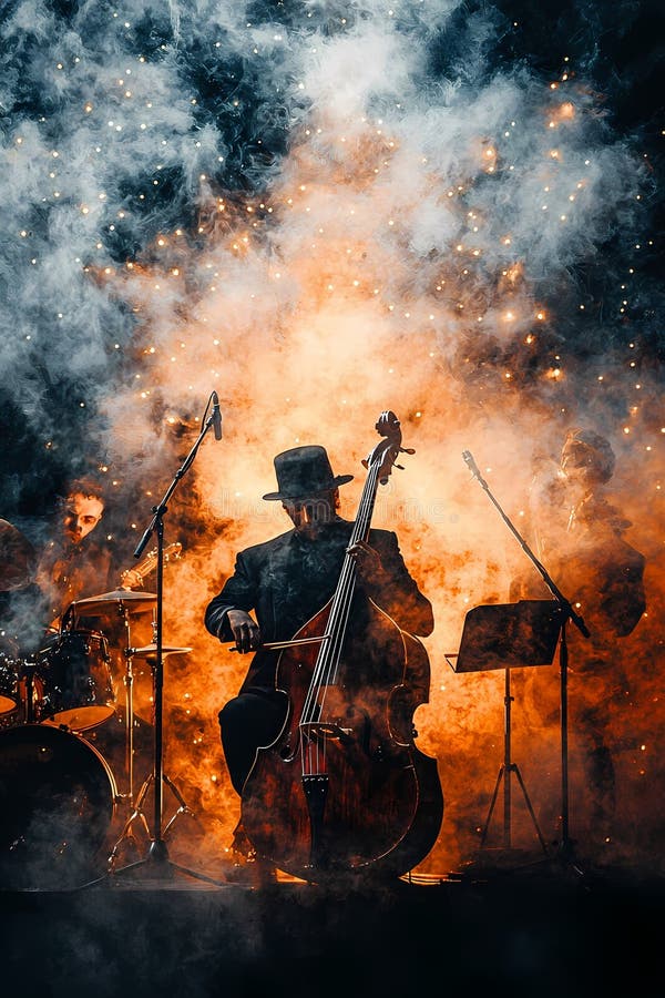 Dramatic Double Bass Player on Stage with Smoke and Lights Live Music ...