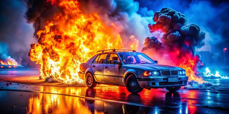 Dramatic Double Exposure of Burning Car at Night Illuminated by Police ...