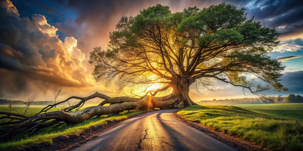 Dramatic Double Exposure of Fallen Tree Blocking Road a Powerful Visual ...