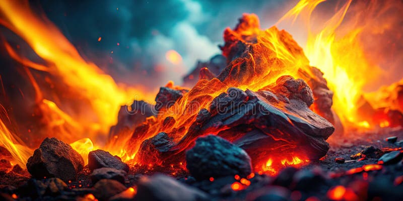 Dramatic Double Exposure of Molten Lava and Glowing Coal a Fiery ...