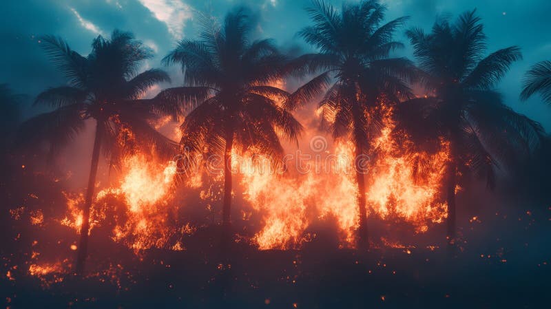 Dramatic Double Exposure of Palm Trees with Fire for Creative Design ...