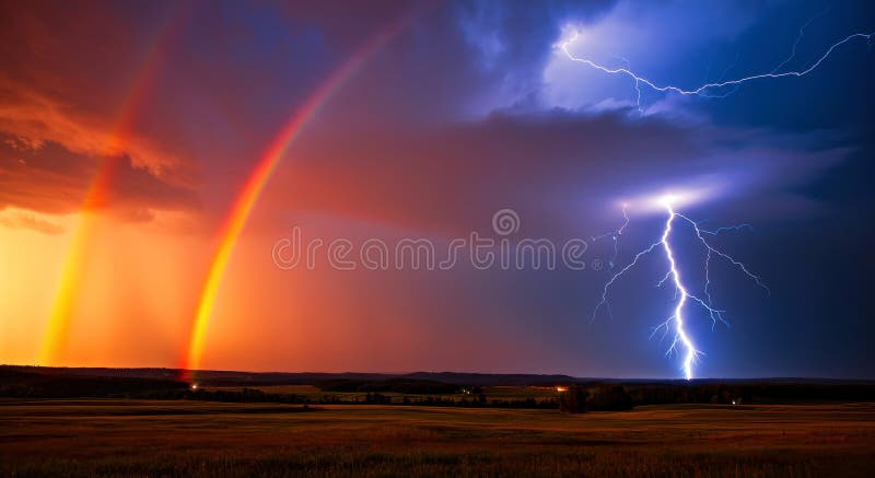 Dramatic Double Rainbow and Lightning Storm Over Scenic Countryside at ...
