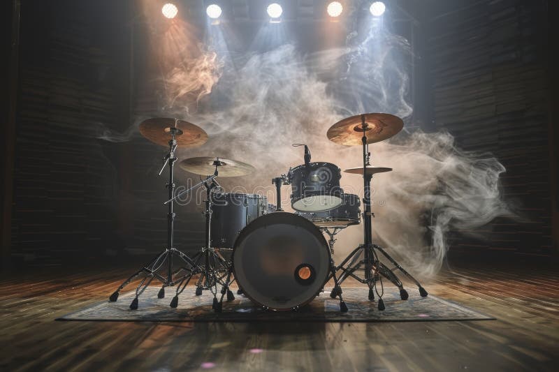 Dramatic Drum Kit with Atmospheric Lighting and Smoke Effects for Music ...