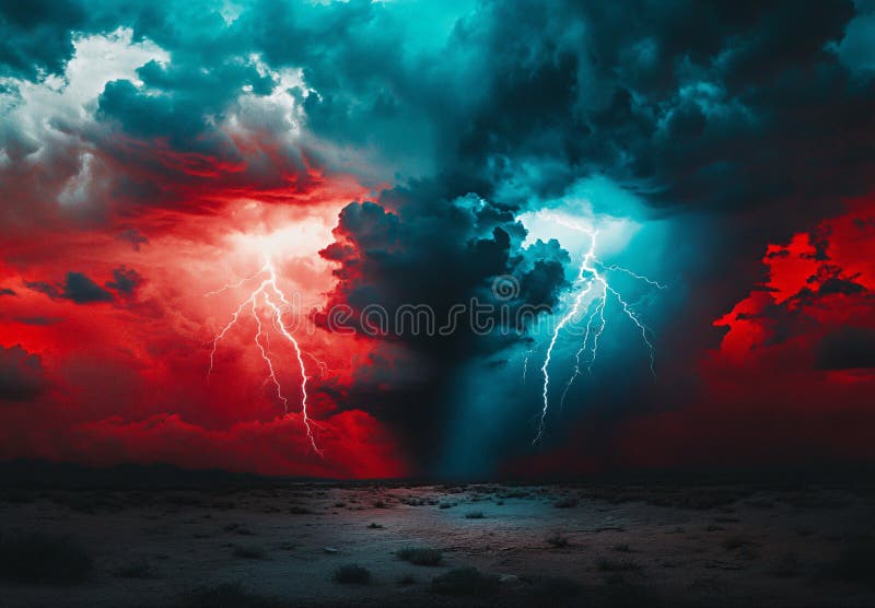 Dramatic Dual Lightning Storm, Red & Blue Sky High Quality Image Stock ...