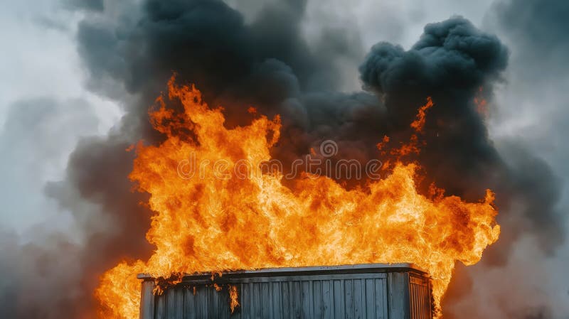 Dramatic Dumpster Fire Blazes Intensely Against Grey Sky. Thick Black ...
