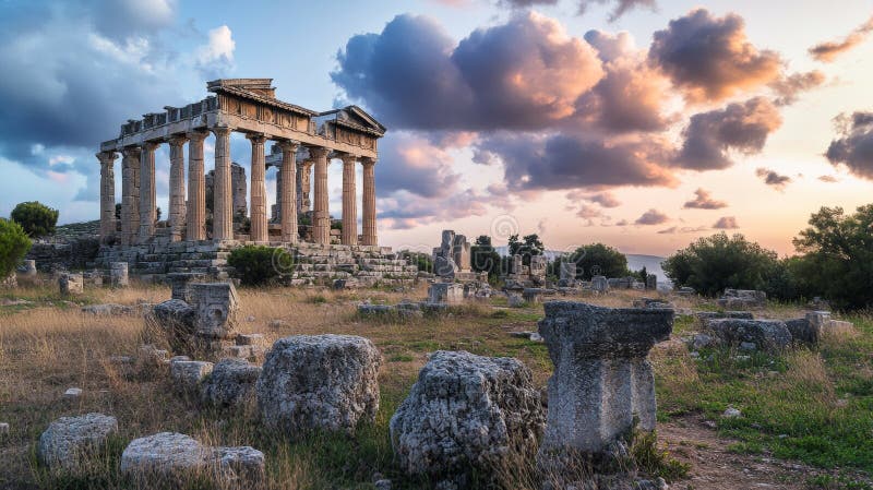 Dramatic Dusk Over Ancient Greek Temple Ruins a Panoramic View of ...