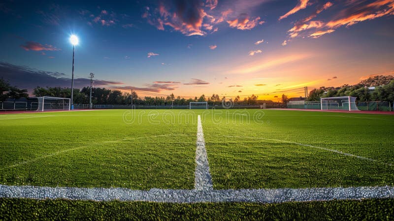Dramatic Dusk Scene of Soccer Field with Lush Green Turf Wide Angle ...