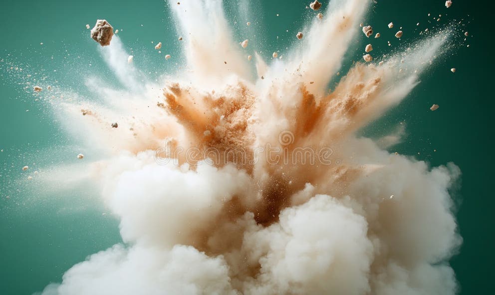 Dramatic Dust and Debris Explosion Against Teal Background Stock ...