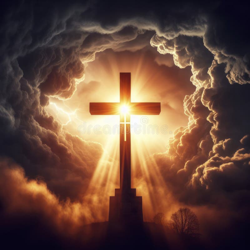 Dramatic Easter Cross Illuminated by Sun Amid Storm Clouds, Detailed ...